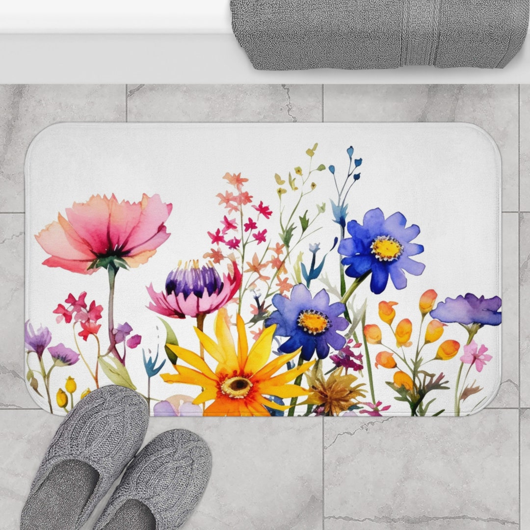 Wildflower Bath Mat, Floral Bath Decor, Flower Bath Mat, Botanical Bath ...