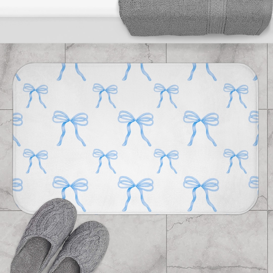 Blue Bow Bath Mat, Blue Ribbon Bath Mat, Blue Bow Bath Decor, Blue ...