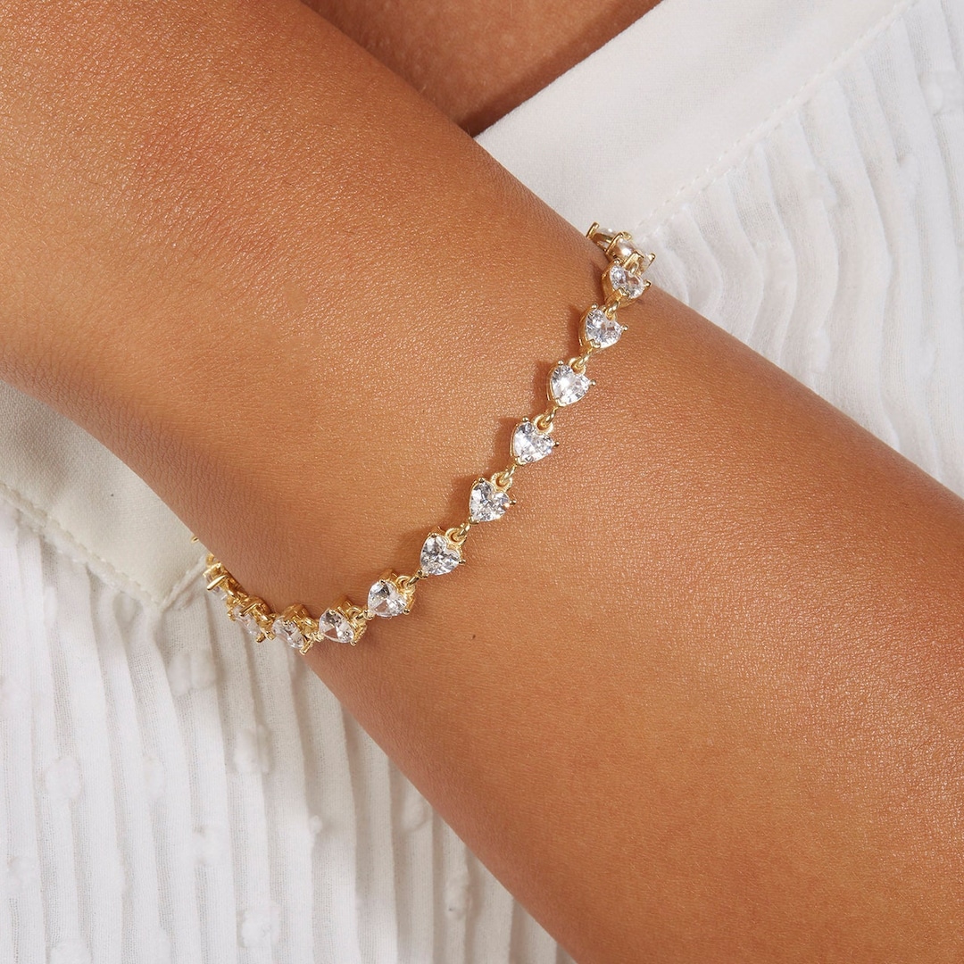 SIBEL | Half Heart Diamond Half Chain Tennis Bracelet - Etsy