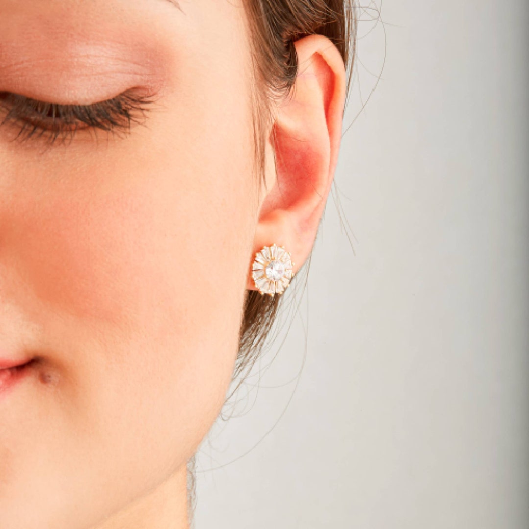 FARAH | Gold Crystal Flower Stud Earrings, Zirconia Floral Jewelry, Cz ...