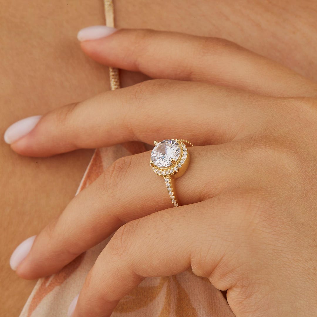 MARISOL | Gold Halo Engagement Ring With Round-cut Cubic Zirconia - Etsy