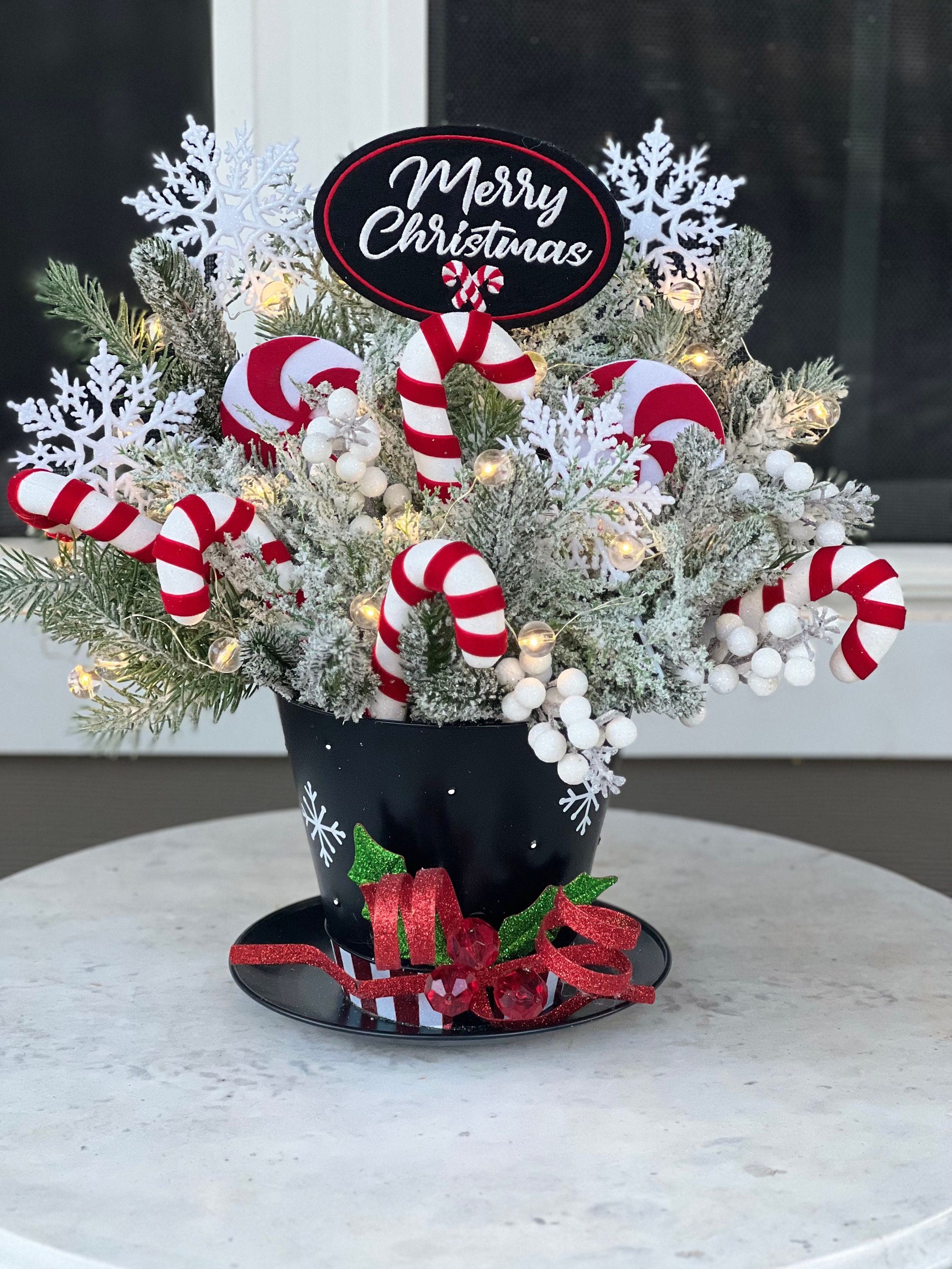 Snowman Hat Centerpiece With Candy Canes, Lights, and Winter Pines - A ...