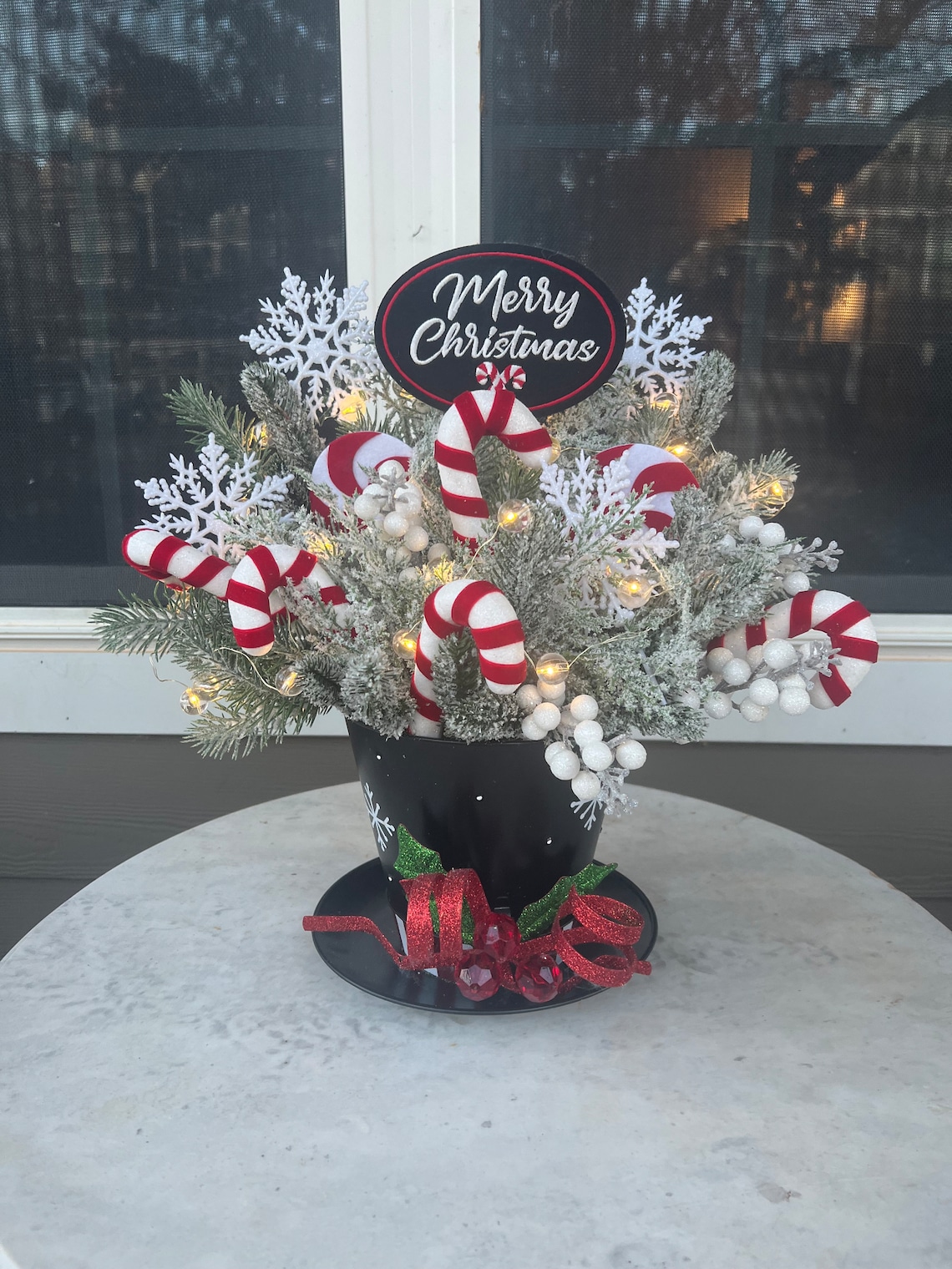 Snowman Hat Centerpiece With Candy Canes, Lights, and Winter Pines - A ...