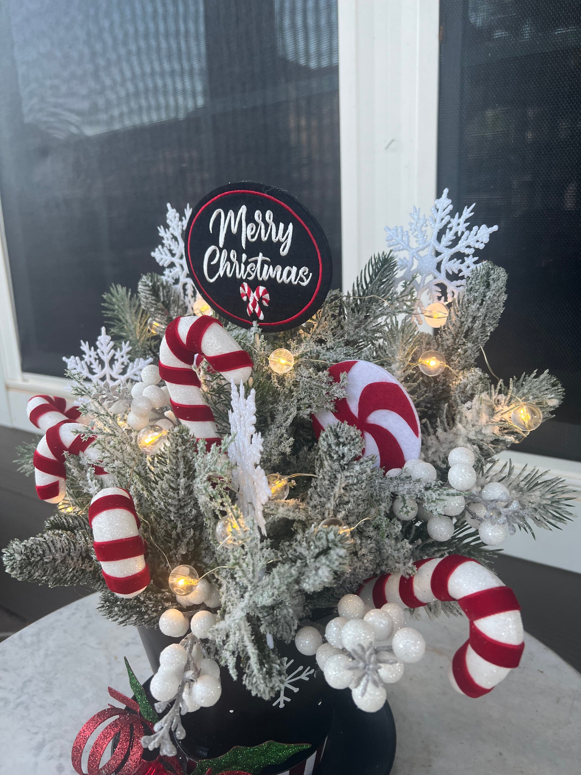 Snowman Hat Centerpiece With Candy Canes, Lights, and Winter Pines - A ...
