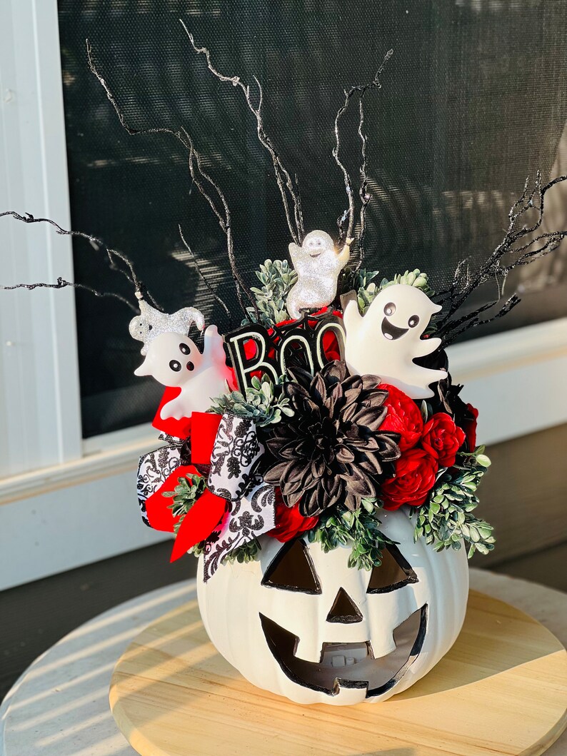 Whimsical Hand-painted Light-up Pumpkin With Ghost Adornments, Ribbon ...