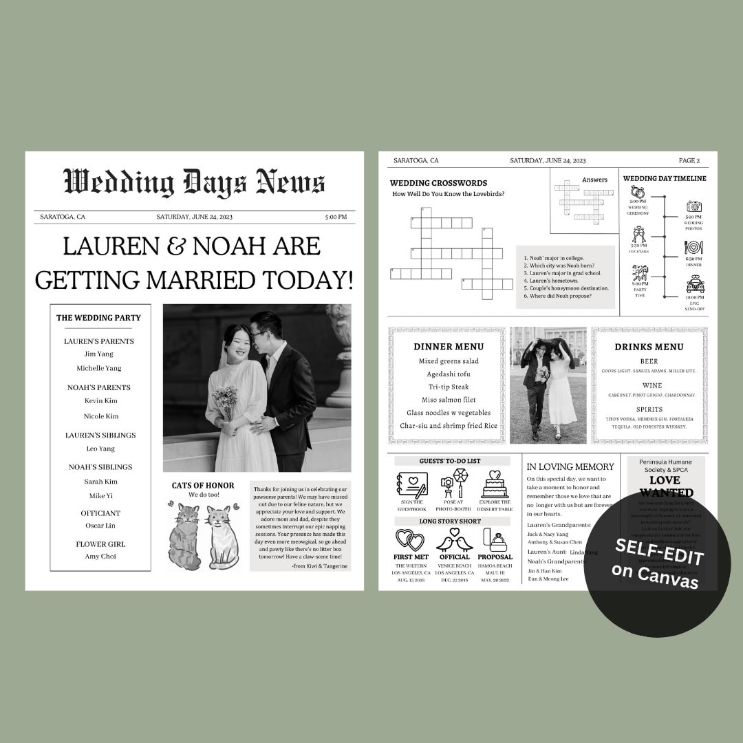 Customizable Wedding Newspaper Template | Personalize on Canvas - Etsy