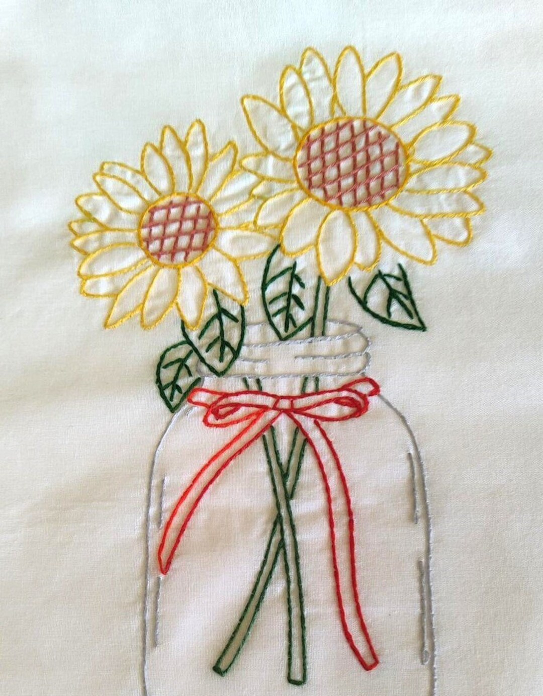Hand Embroidered Sunflowers yellow With Red Ribbon, Decorative Hand ...