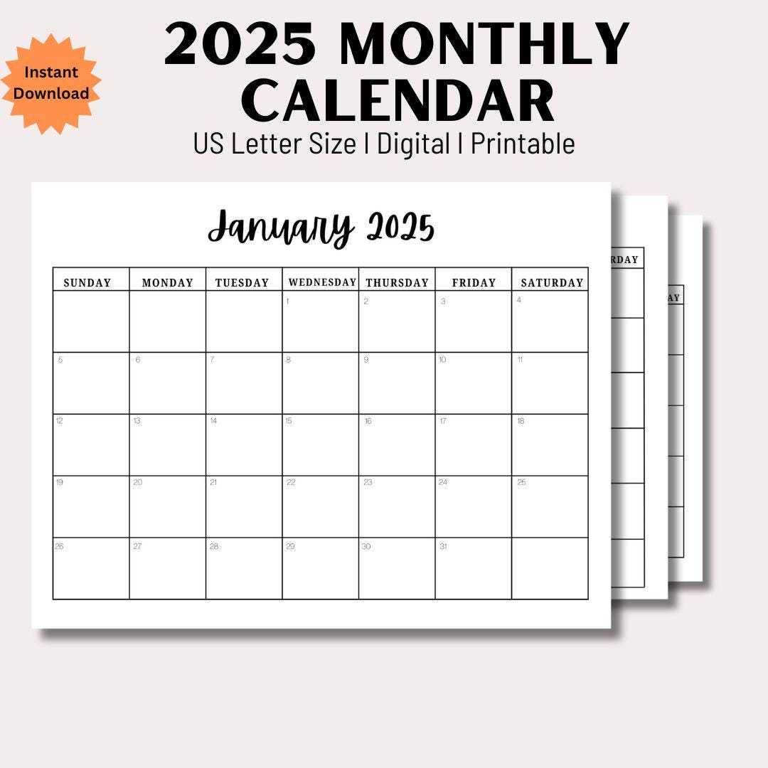 Minimalist Printable Calendar, 2025 Agenda, Monthly Planner, All Year ...