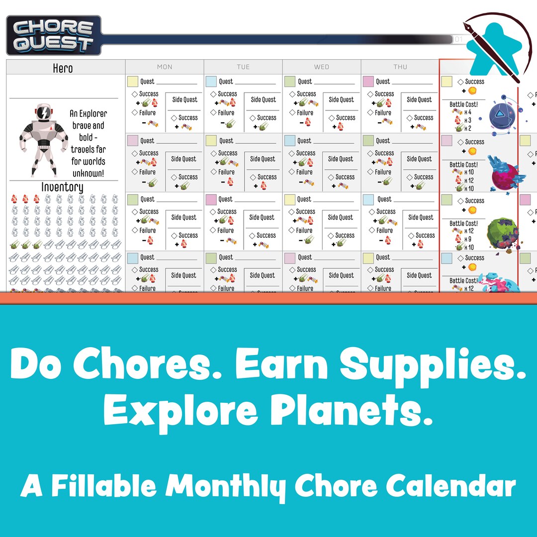 Printable Monthly Chore Chart Game - Chore Quest Space (boy) - Etsy
