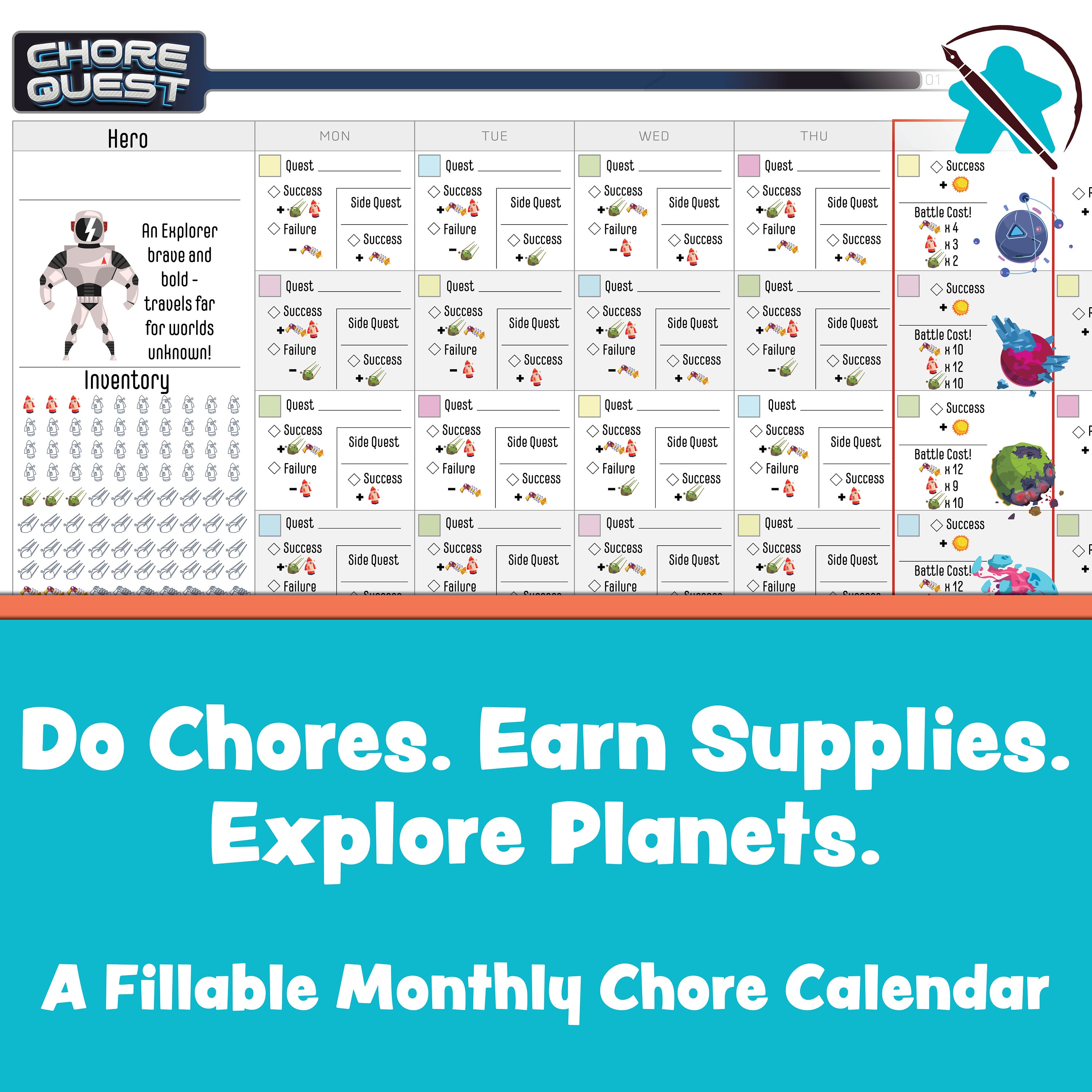 Printable Monthly Chore Chart Game Chore Quest Space boy - Etsy