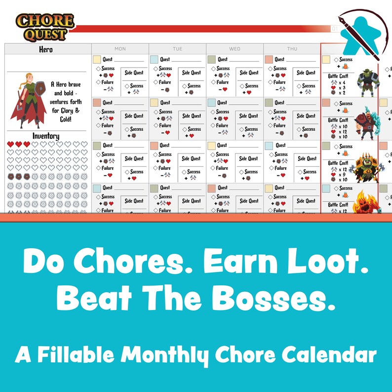 Printable Monthly Chore Chart Game - Chore Quest Fantasy (girl B) - Etsy
