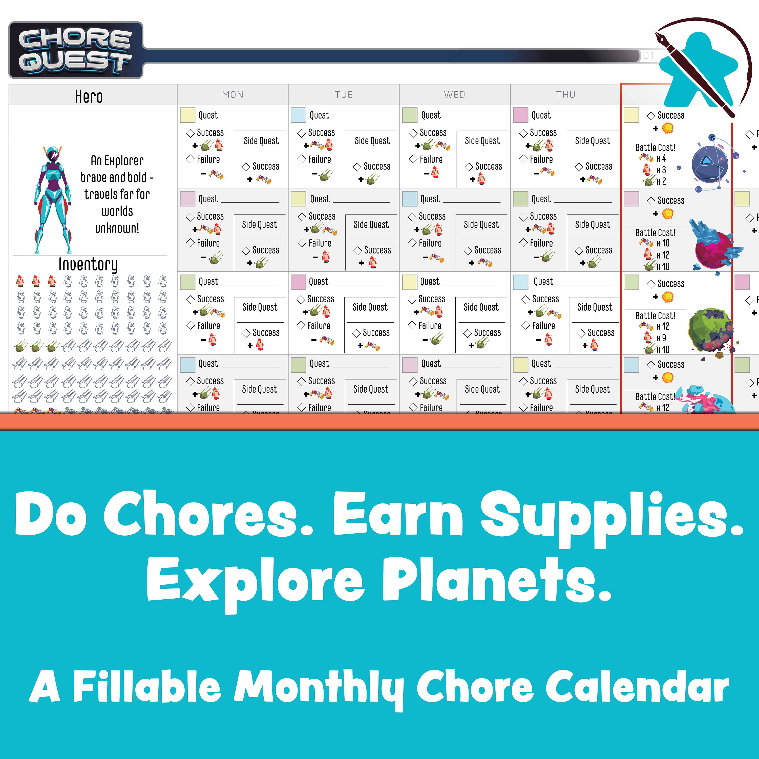 Printable Monthly Chore Chart Game - Chore Quest Space (girl) - Etsy