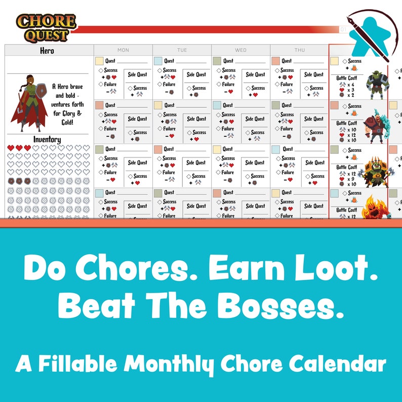 Printable Monthly Chore Chart Game - Chore Quest Fantasy (girl C ...