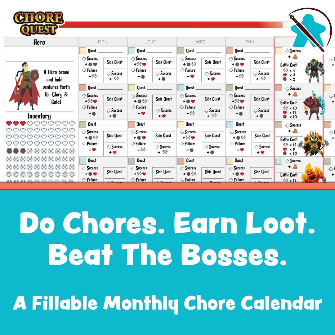 Printable Monthly Chore Chart Game - Chore Quest Fantasy (girl A) - Etsy