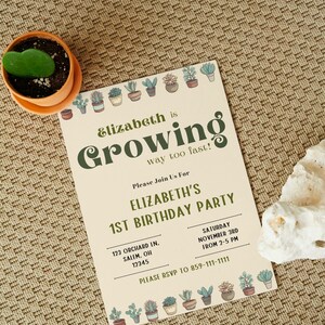 Plant Birthday Invite First Birthday Party Invitation Template Custom ...