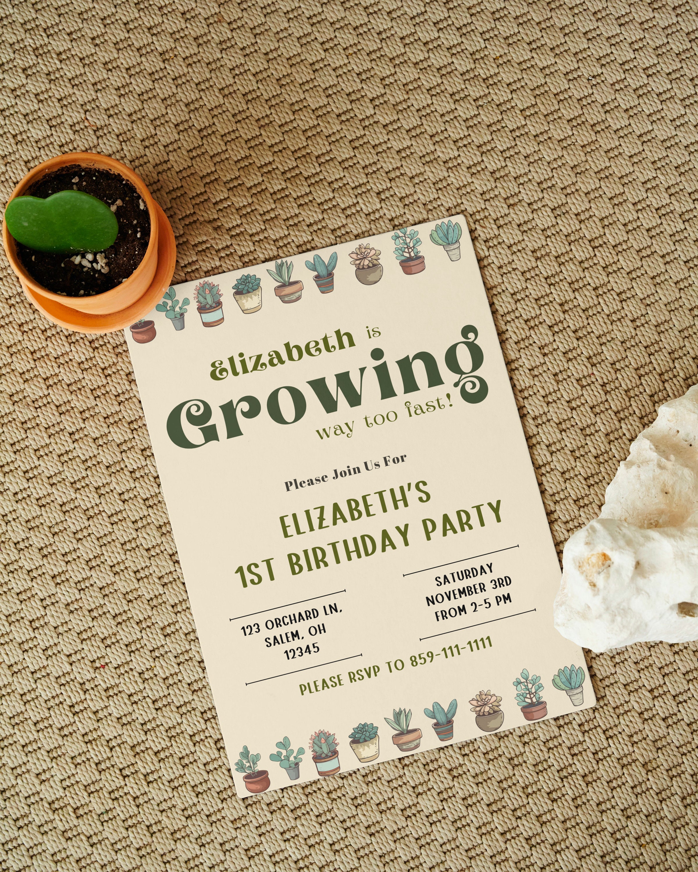 Plant Birthday Invite First Birthday Party Invitation Template Custom ...