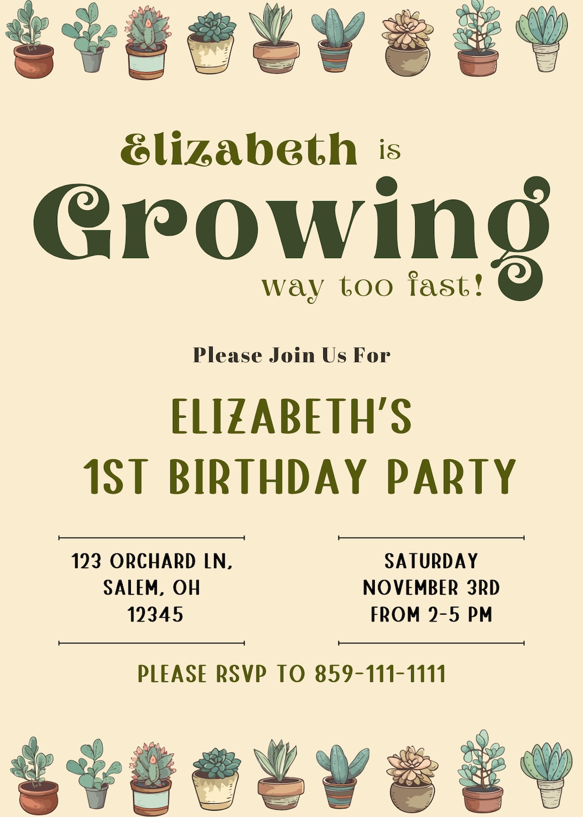 Plant Birthday Invite First Birthday Party Invitation Template Custom ...