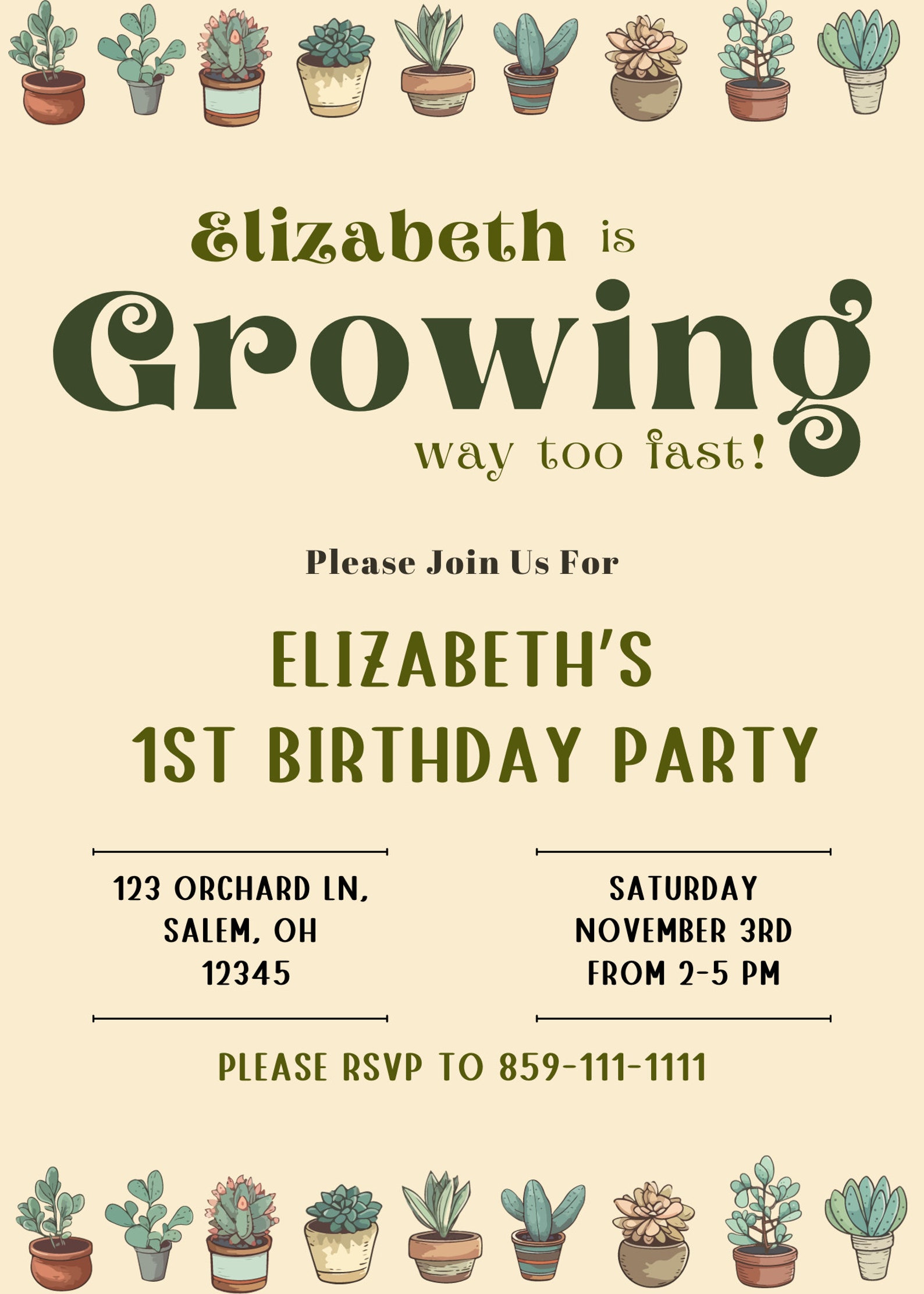 Plant Birthday Invite First Birthday Party Invitation Template Custom ...