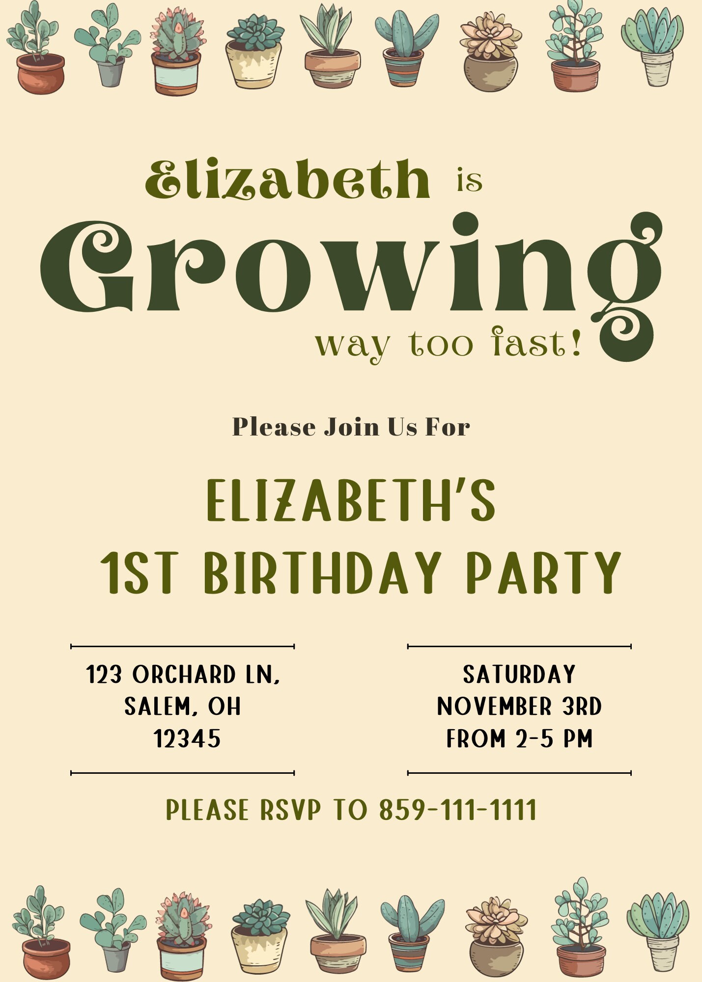 Plant Birthday Invite First Birthday Party Invitation Template Custom ...