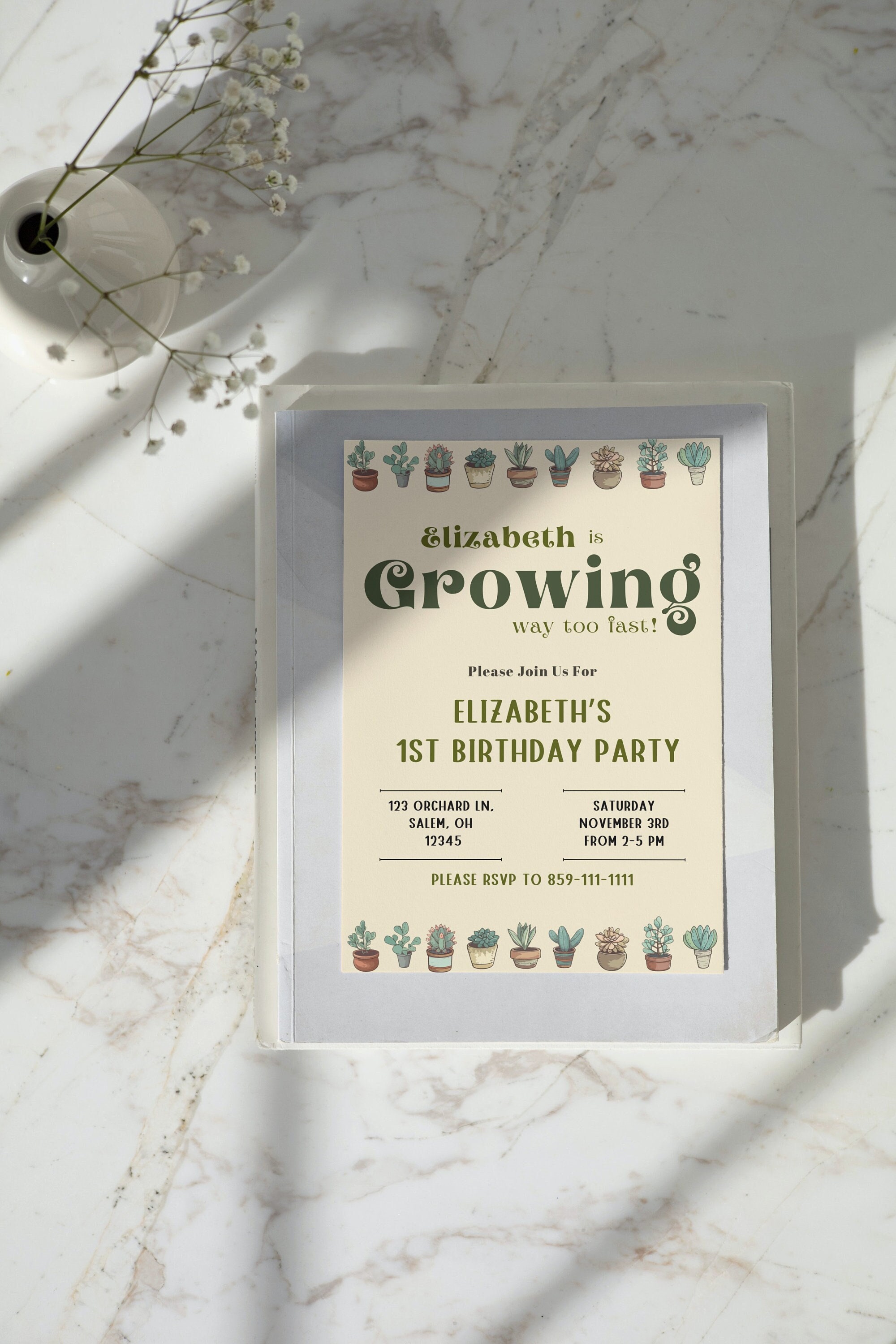 Plant Birthday Invite First Birthday Party Invitation Template Custom ...