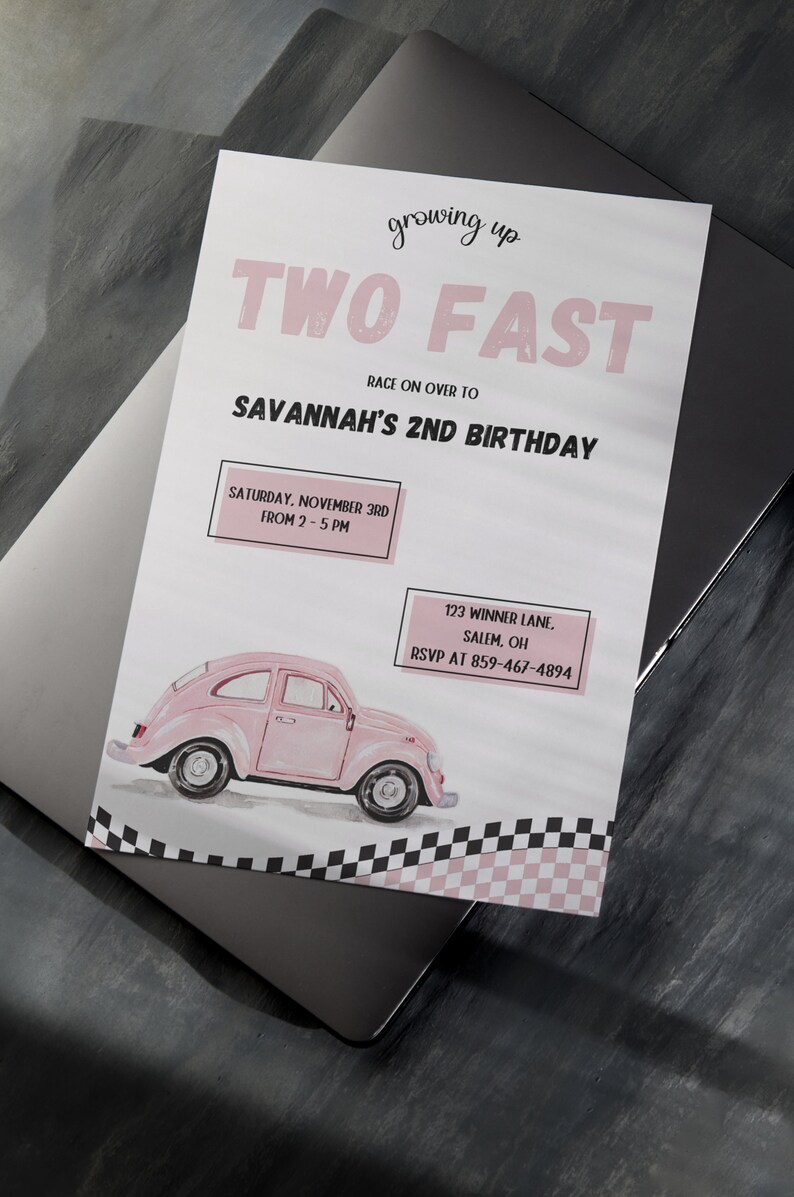Car Theme Birthday Invitation for Kids Turning Two Fast Girls Race Car ...