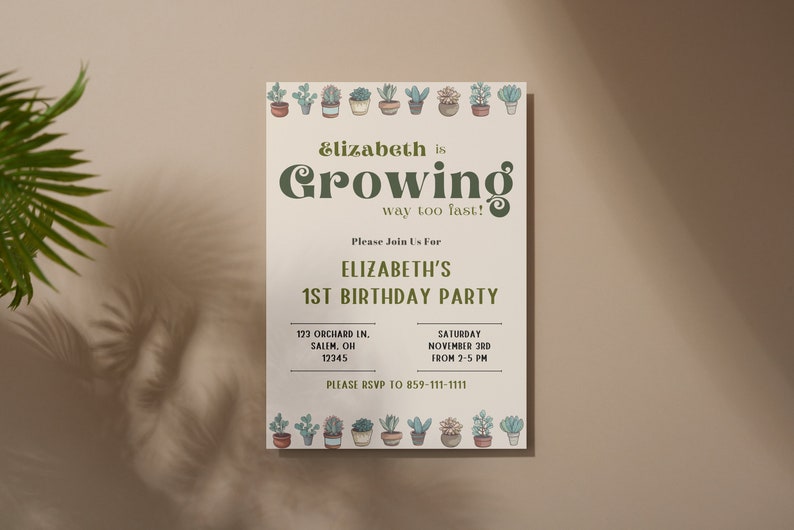 Plant Birthday Invite First Birthday Party Invitation Template Custom ...