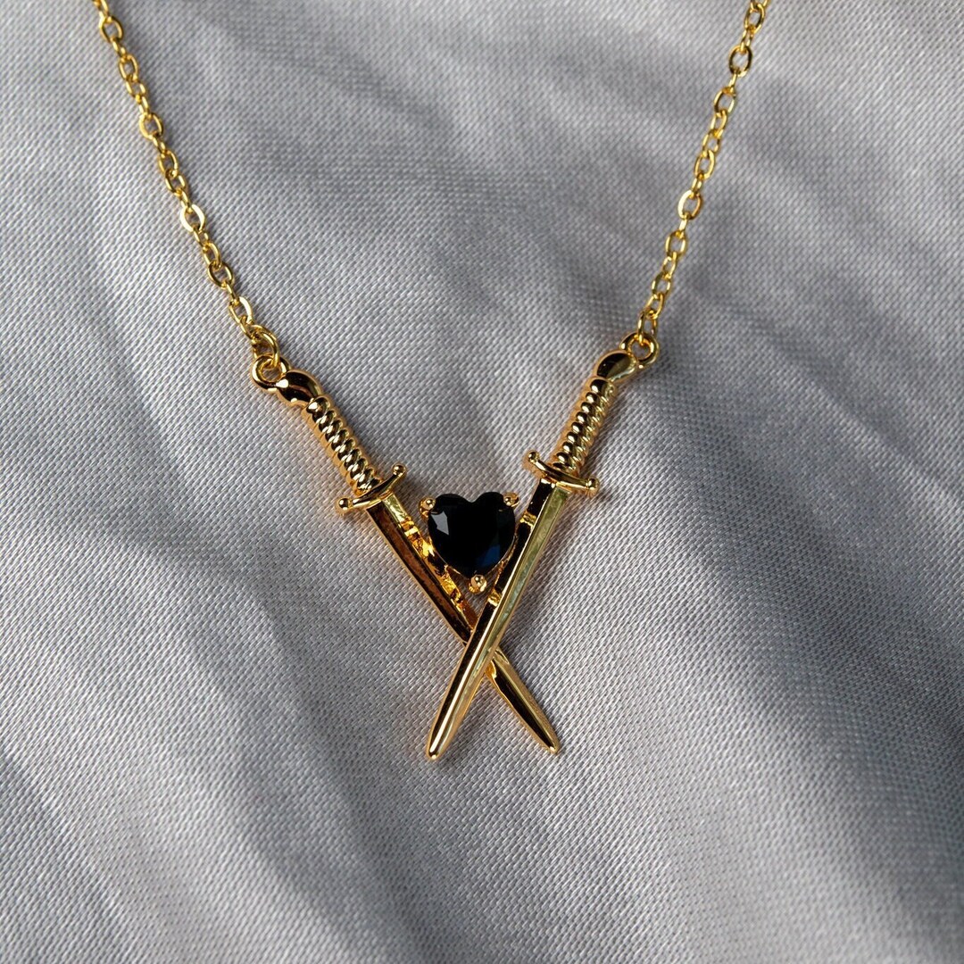 Two of Swords Necklace Crossed Swords Black Onyx Heart Protection ...