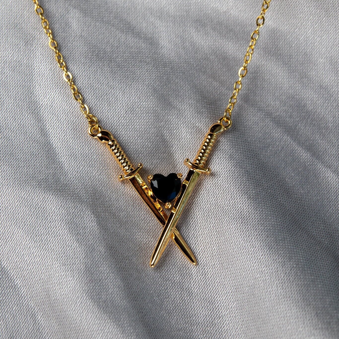 Two of Swords Necklace Crossed Swords Black Onyx Heart Protection Necklace Gold Stainless Steel ...