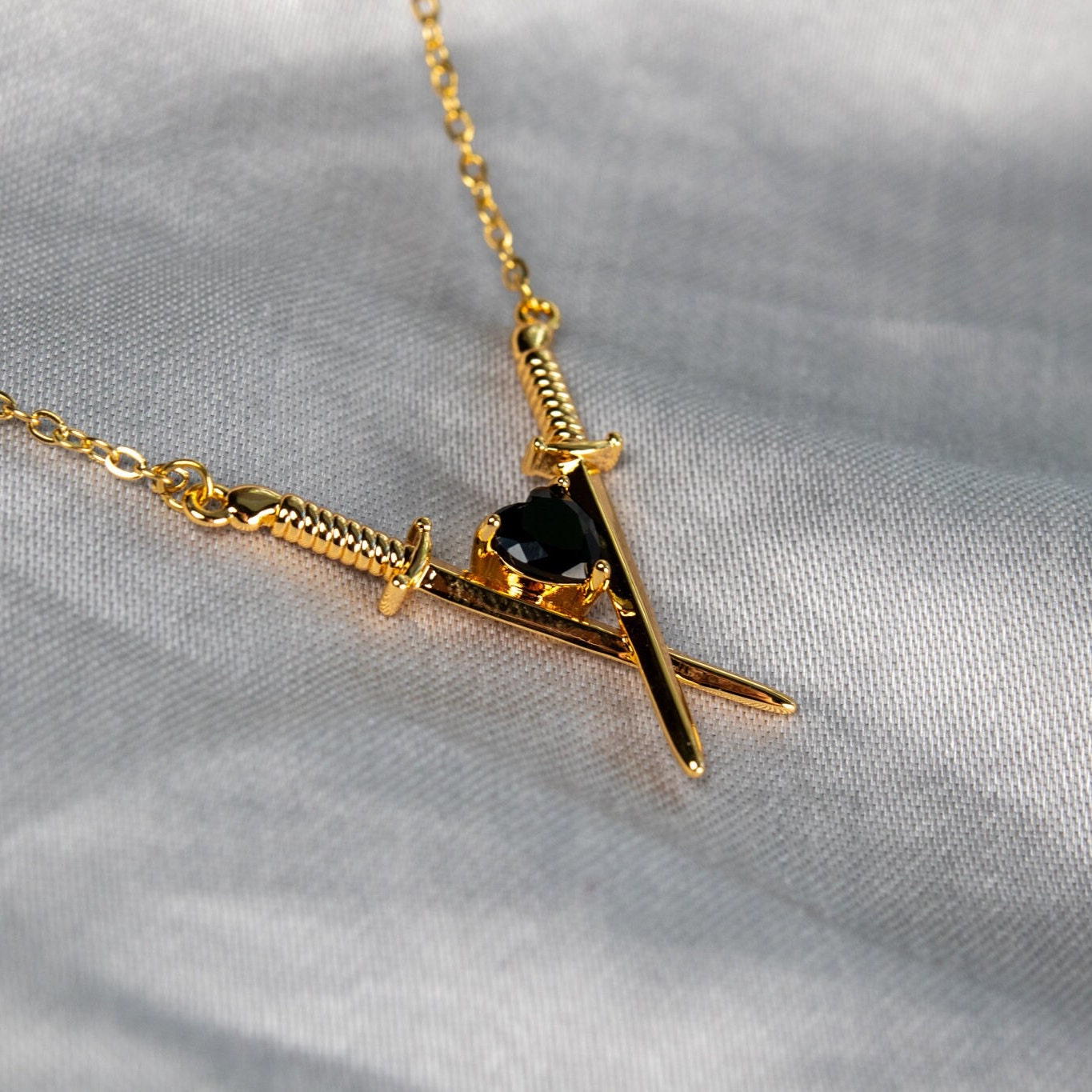 Two of Swords Necklace Crossed Swords Black Onyx Heart Protection Necklace Gold Stainless Steel ...