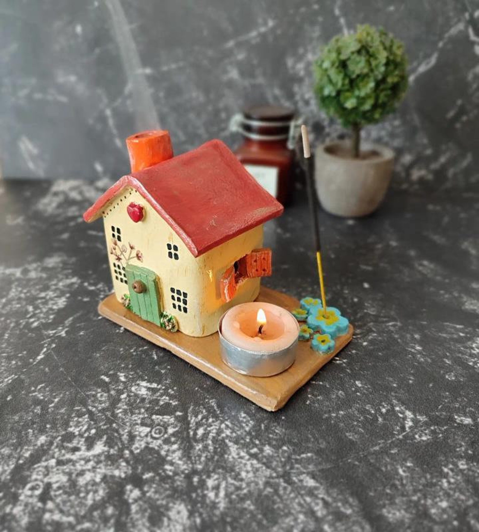 Ceramic Tea Light Incense Burner House, Tiny Clay Miniature Italian ...