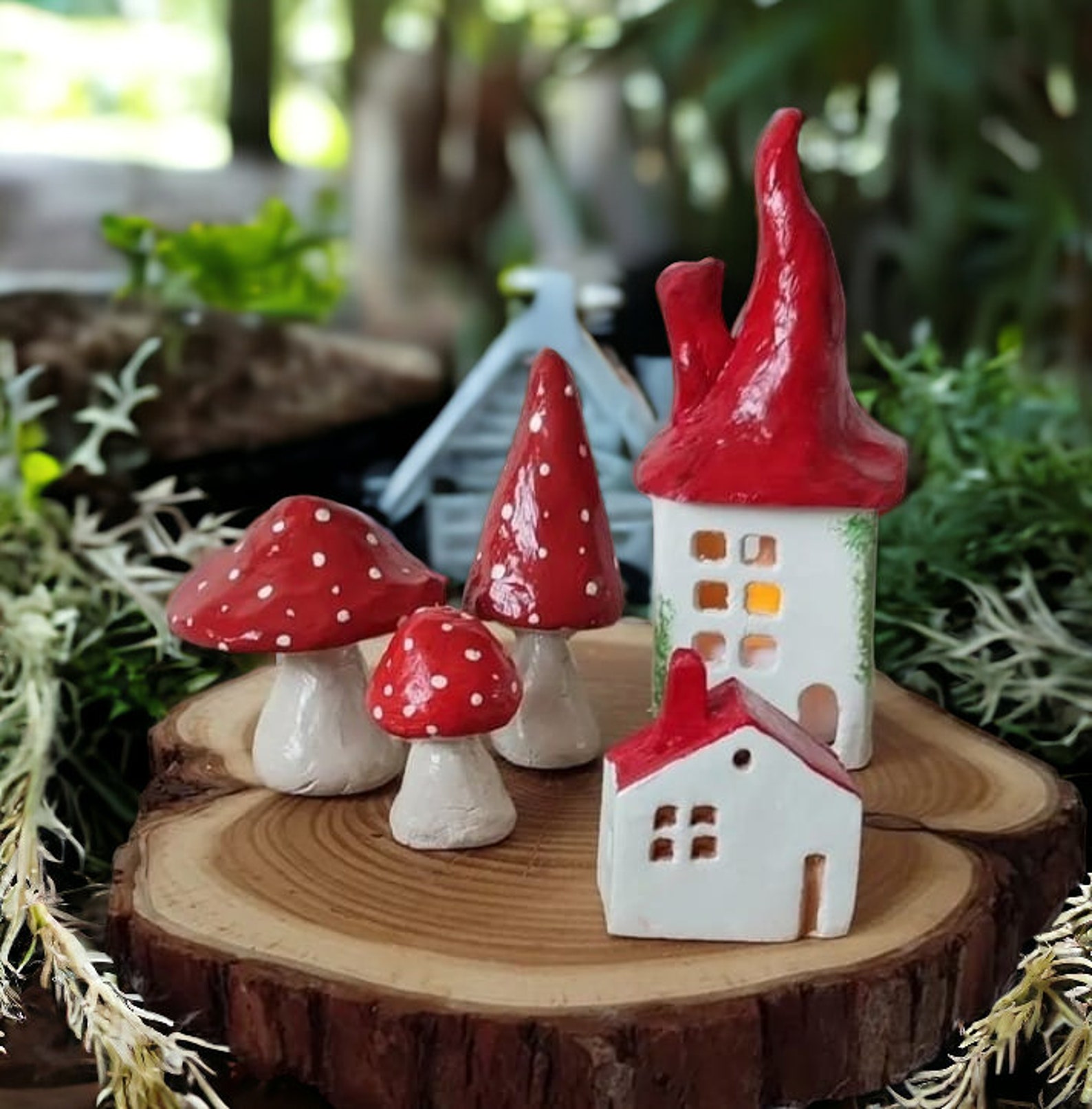 Ceramic Mushroom House Set: Miniature Fairy Garden Decor With LED - Etsy