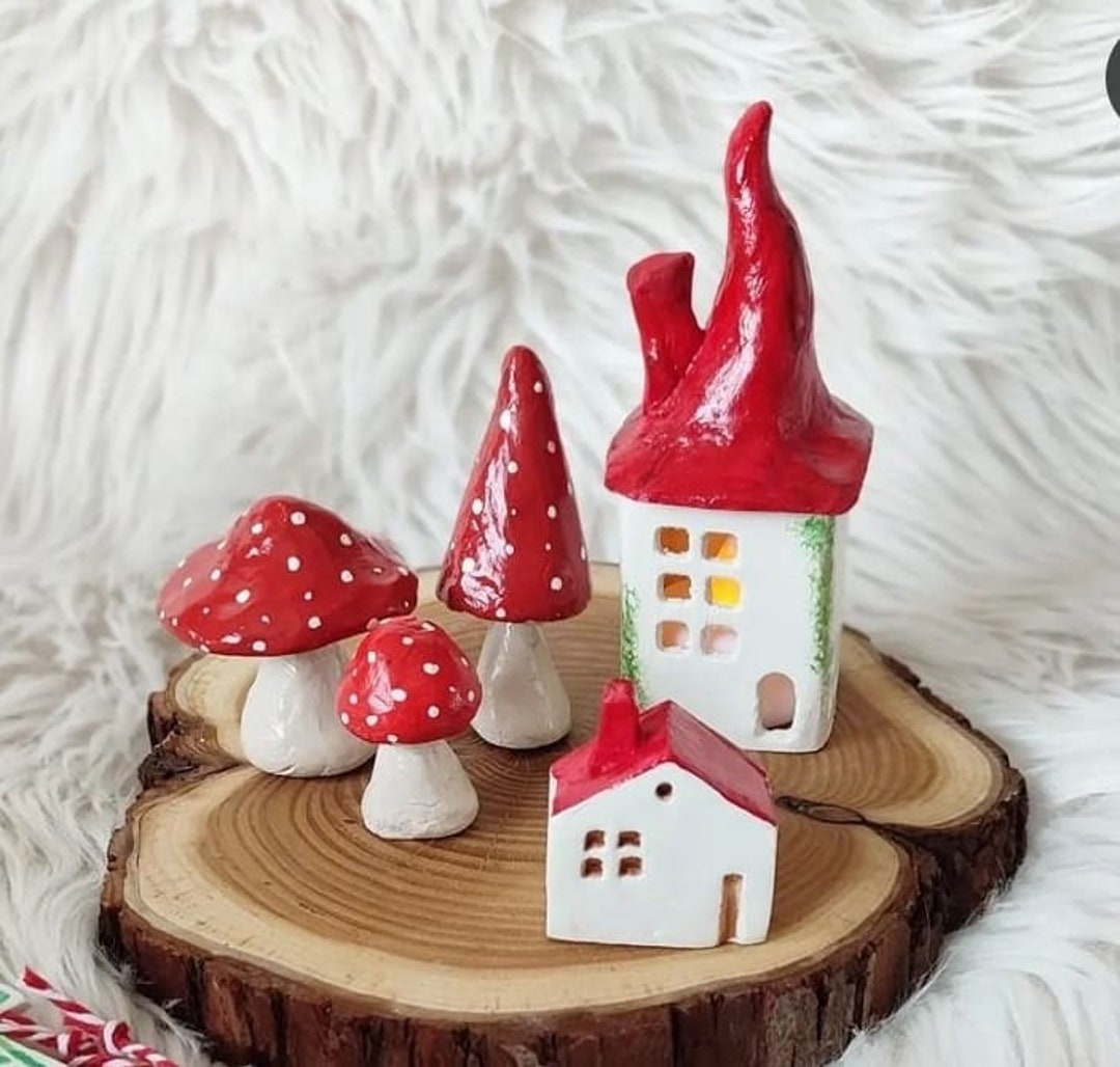 Ceramic Mushroom House Set: Miniature Fairy Garden Decor With LED - Etsy