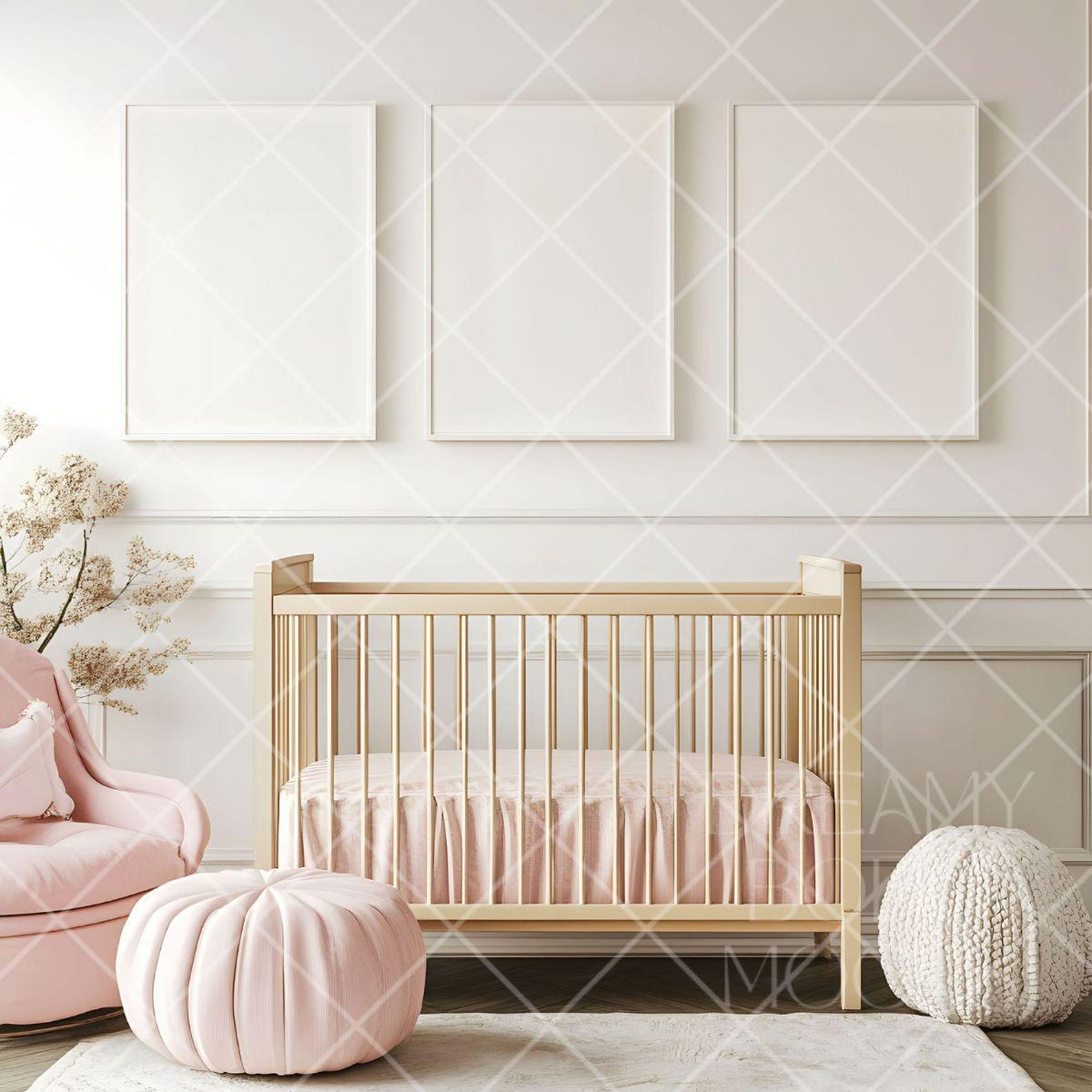 Pastel Pink Nursery Mockup, Minimalist Mockup, Nursery 3 Frames Mockup ...
