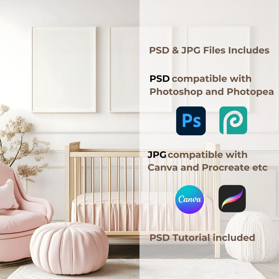 Pastel Pink Nursery Mockup, Minimalist Mockup, Nursery 3 Frames Mockup ...