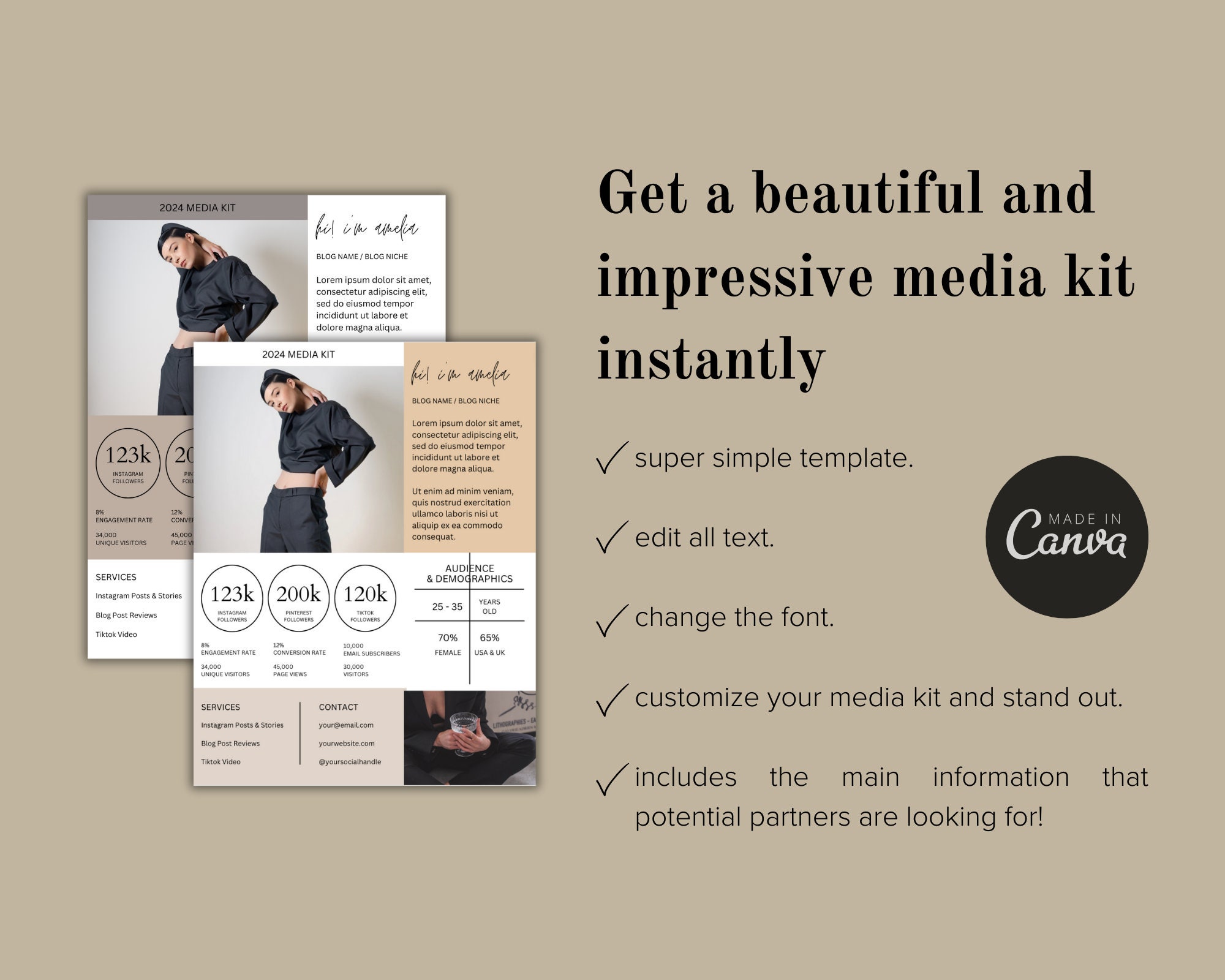 1 Page Media Kit Canva Template | About Me | Social Media Following ...