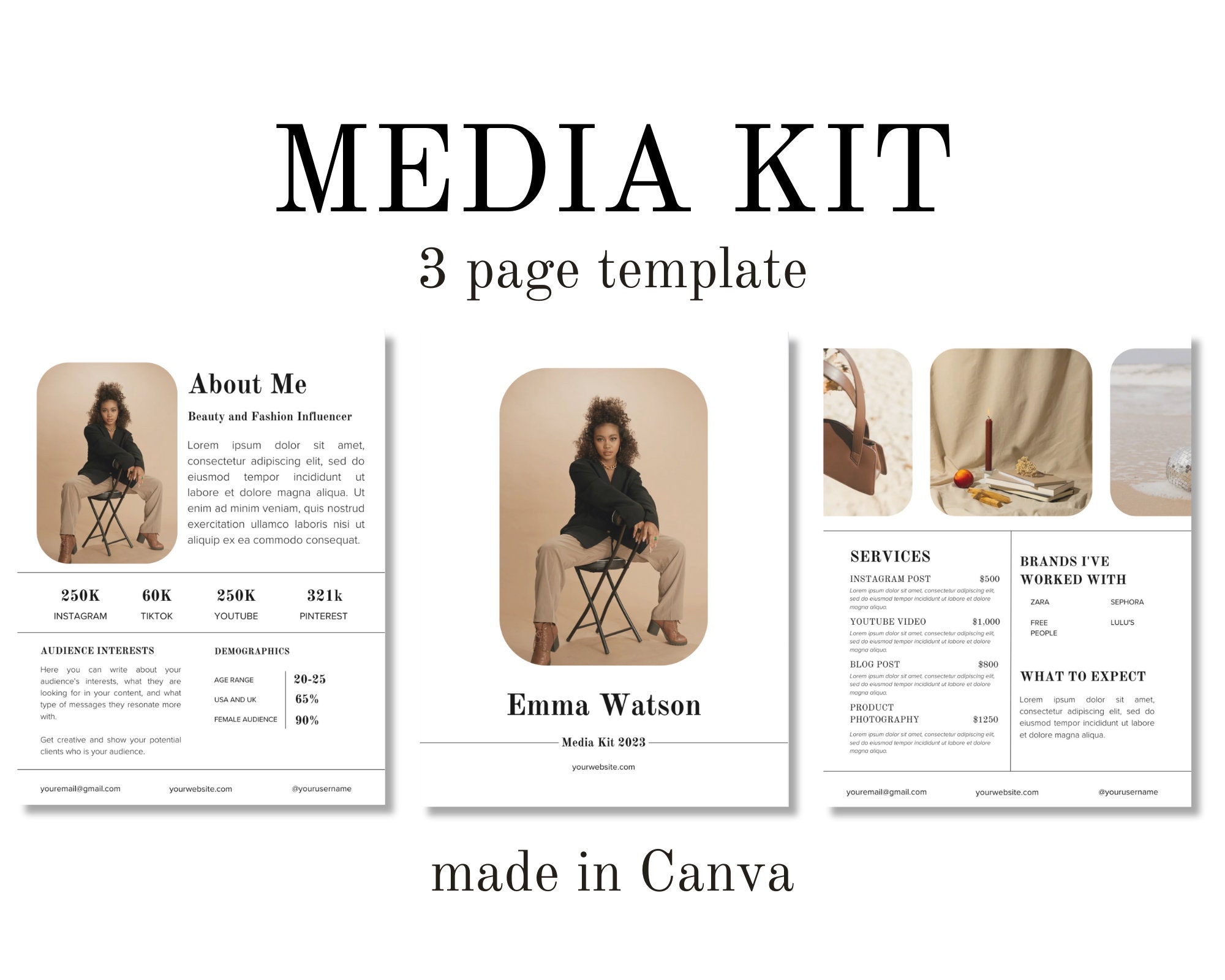 3 Page Media Kit Canva Template | About Me Instagram Facebook Tiktok ...