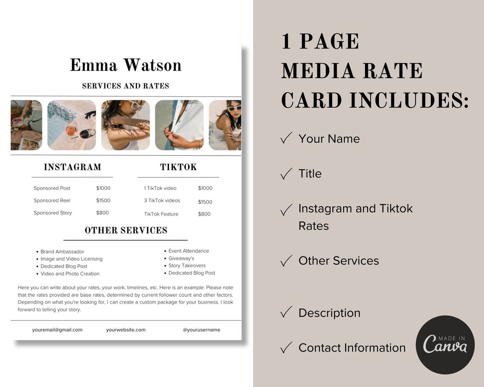 Editable Media Rate Card | Made in Canva | Instagram, Tiktok | Other ...