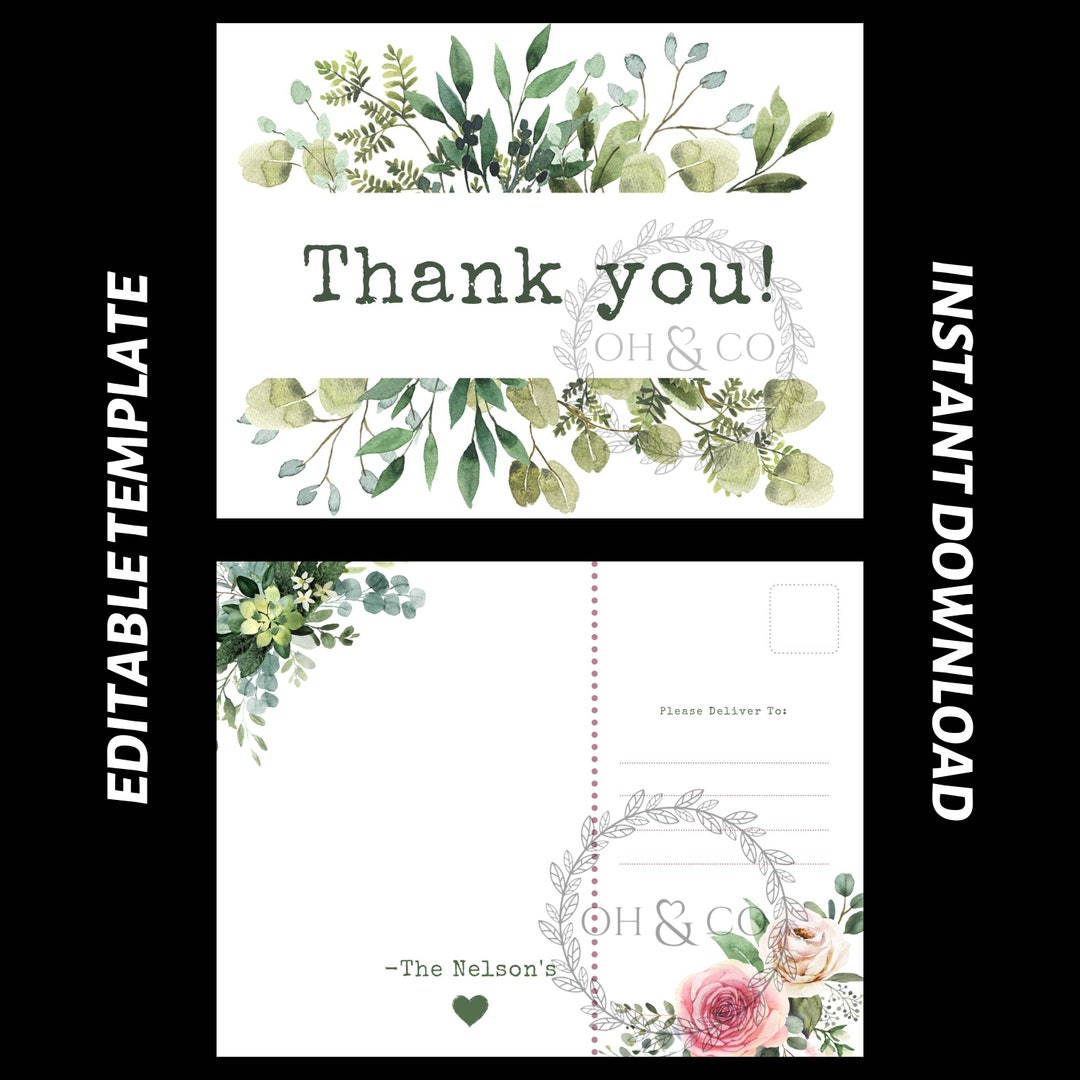 Thank You Post Card TEMPLATE Wedding Thank You Note Floral Note Card - Etsy
