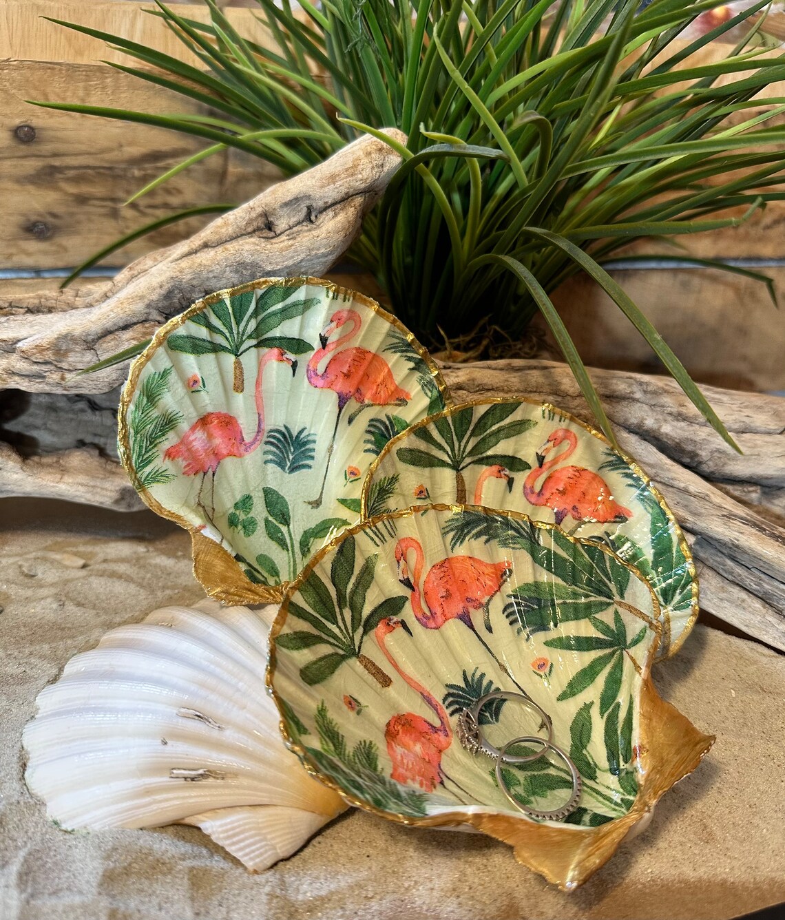 Scallop Shell, Flamingo, Pink, Green, Ring Dish, Christmas, Birthday ...