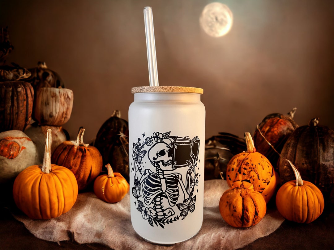 Edgy Skeleton Reading Book | Halloween | Bookish | 16 Oz Frosted Libbey ...