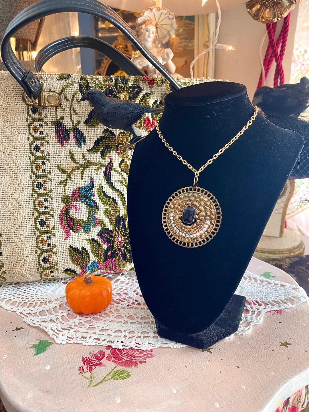 Vintage Witch Gold Dust Celestial Pendant Rhinestones Costume Jewelry ...