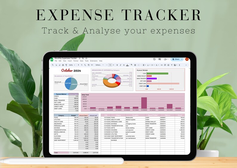Expense Tracker Spreadsheet for Google Sheets, Expense Tracker Template ...
