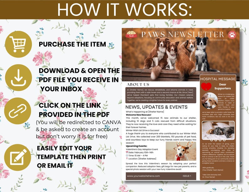 Animal Shelter Newsletter Template: Editable Canva Design (A4 & US ...