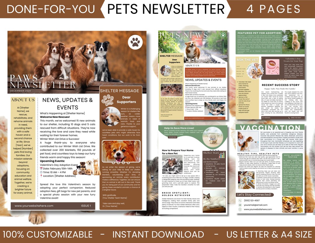 Editable Pet Newsletter Template: Animal Shelter, Rescue (canva, 4 ...