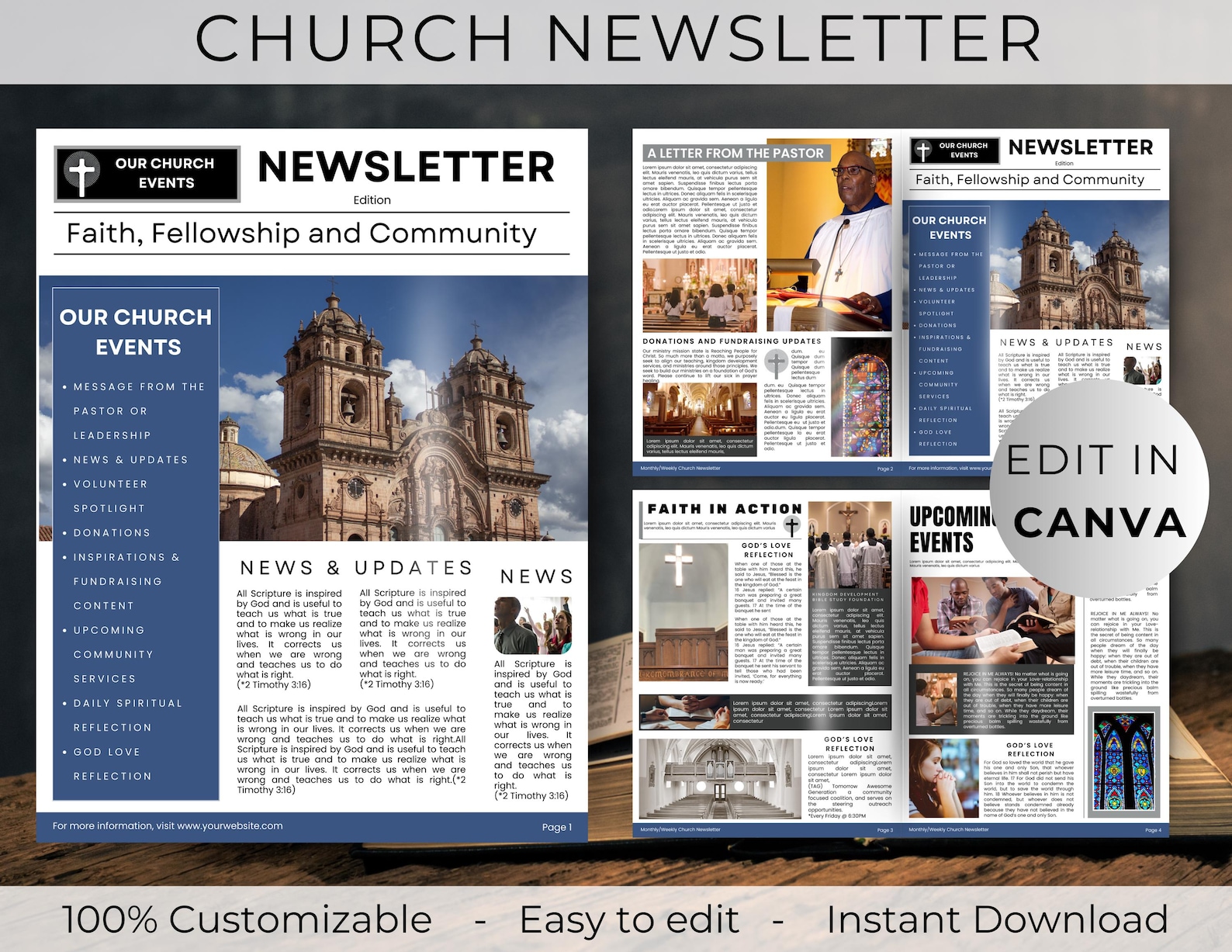 Church Newsletter Template: Modern 4-page Design (canva Editable ...