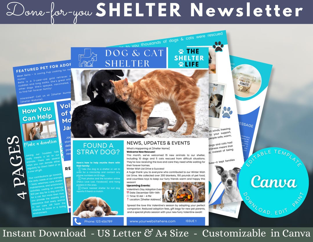Editable Pet Shelter Newsletter Template: Canva Layout (4 Pages) - Etsy