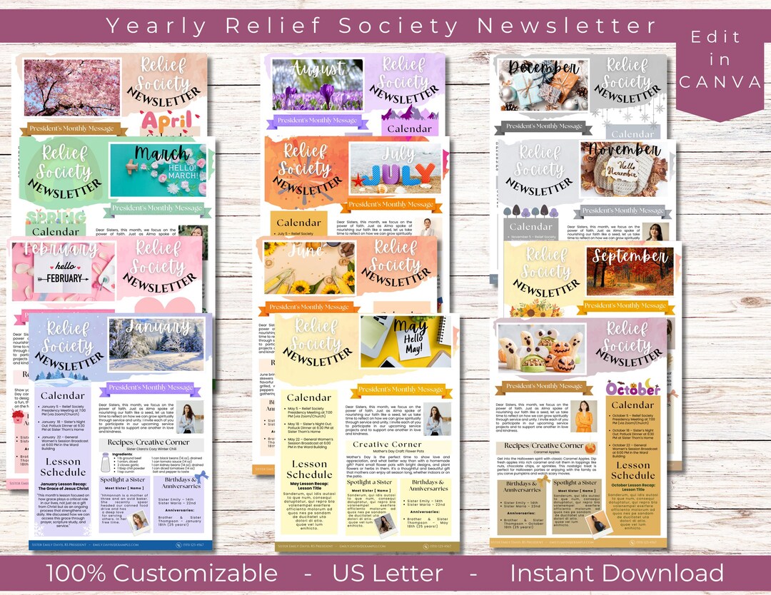 Relief Society Newsletter Template: Editable Canva Design (US Letter ...