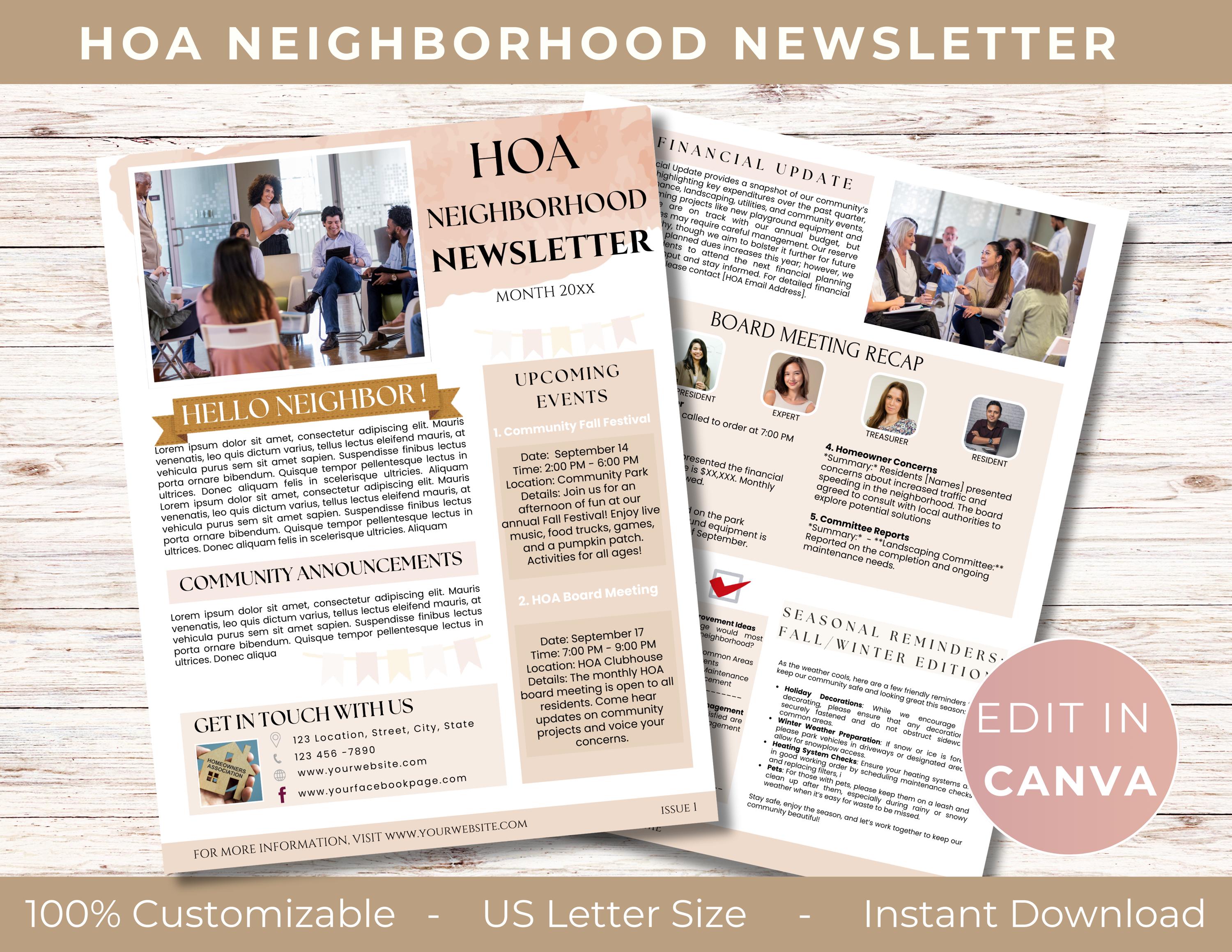 HOA Newsletter Canva Template, Hoa Neighborhood Newsletter, Newsletter ...