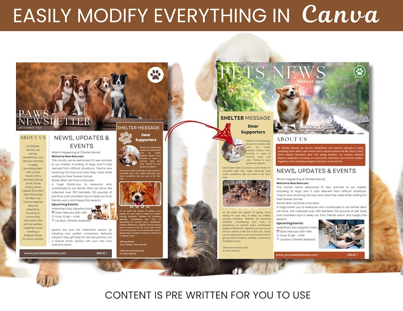 Editable Pet Newsletter Template: Animal Shelter, Rescue (canva, 4 ...