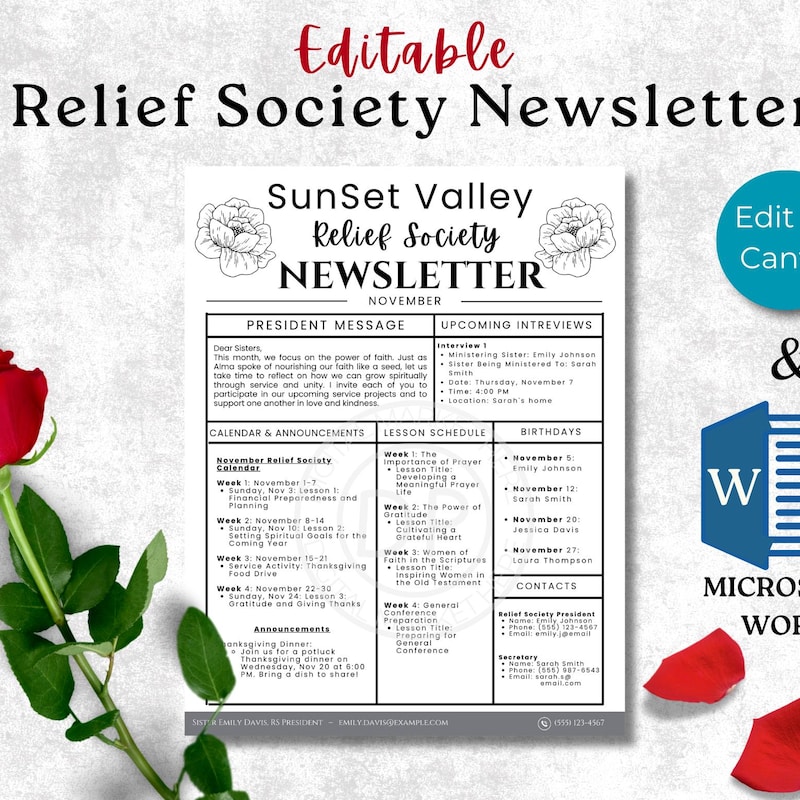 Relief Society Newsletter Template - Etsy